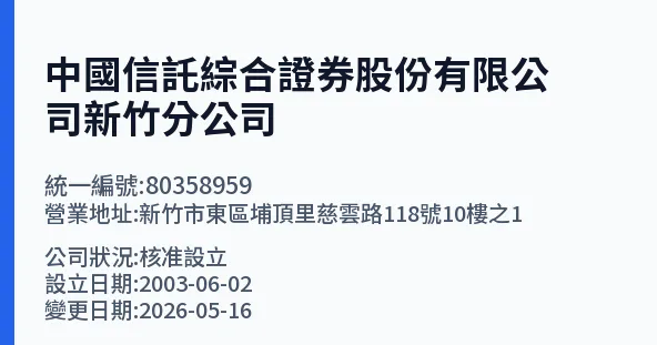 中國信託綜合證券股份有限公司新竹分公司的照片-統編 80358959(新竹市) 公司登記資料與營業項目詳細圖表