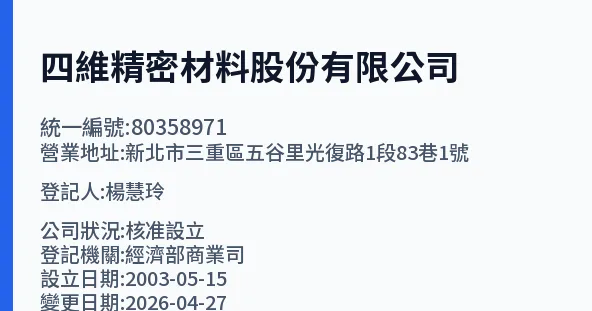 四維精密材料股份有限公司的照片-統編 80358971(新北市) 公司登記資料與營業項目詳細圖表