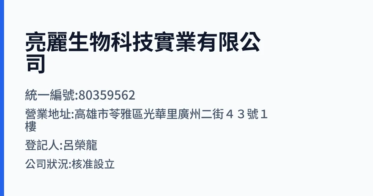 亮麗生物科技實業有限公司 - 統編 80359562(高雄市) 公司登記資料與營業項目詳細圖表