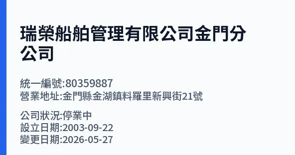 瑞榮船舶管理有限公司金門分公司的照片-統編 80359887(金門縣) 公司登記資料與營業項目詳細圖表