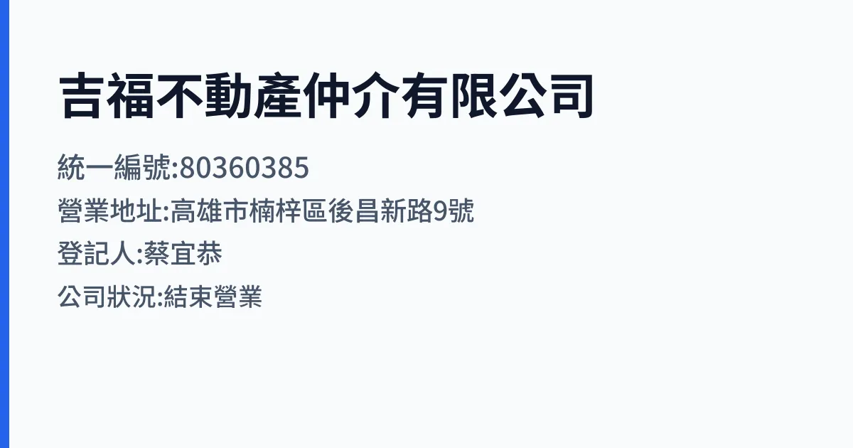吉福不動產仲介有限公司 - 統編 80360385(高雄市) 公司登記資料與營業項目詳細圖表