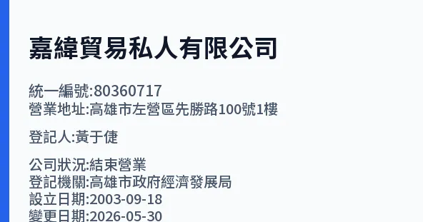 嘉緯貿易私人有限公司的照片-統編 80360717(高雄市) 公司登記資料與營業項目詳細圖表