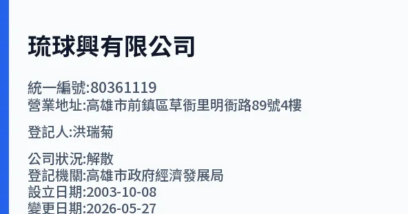 琉球興有限公司的照片-統編 80361119(高雄市) 公司登記資料與營業項目詳細圖表