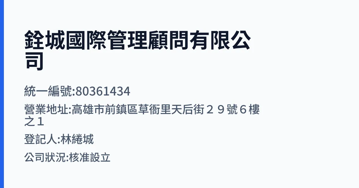 銓城國際管理顧問有限公司 - 統編 80361434(高雄市) 公司登記資料與營業項目詳細圖表