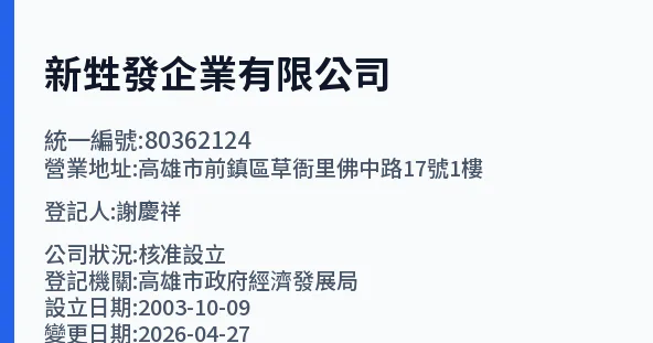 新甡發企業有限公司的照片-統編 80362124(高雄市) 公司登記資料與營業項目詳細圖表