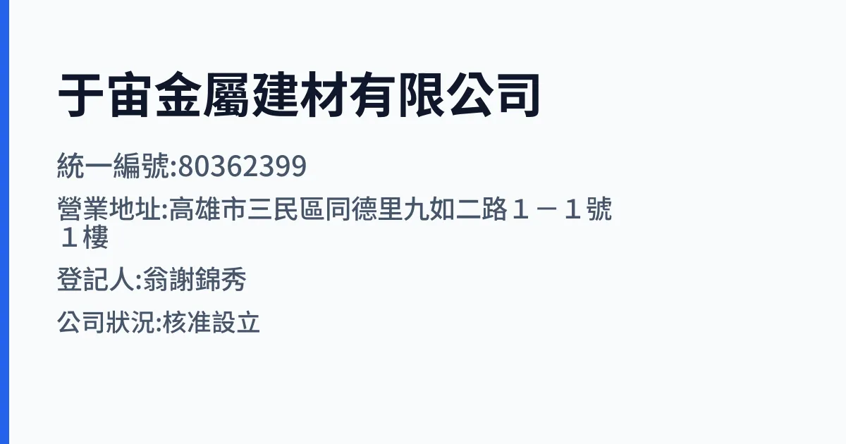 于宙金屬建材有限公司 - 統編 80362399(高雄市) 公司登記資料與營業項目詳細圖表