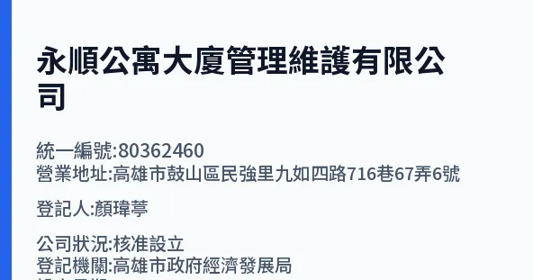 永順公寓大廈管理維護有限公司的照片-統編 80362460(高雄市) 公司登記資料與營業項目詳細圖表