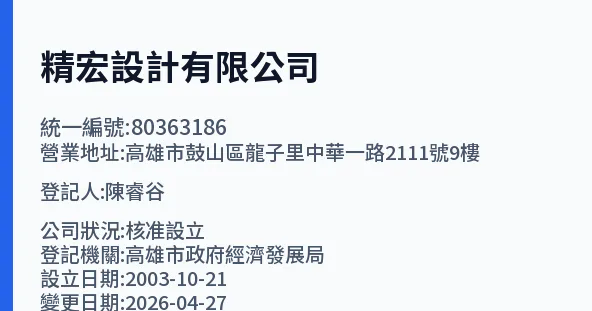 精宏設計有限公司的照片-統編 80363186(高雄市) 公司登記資料與營業項目詳細圖表