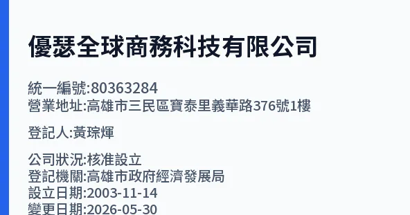 優瑟全球商務科技有限公司的照片-統編 80363284(高雄市) 公司登記資料與營業項目詳細圖表