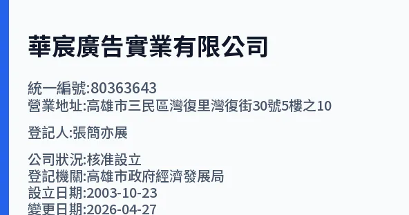 華宸廣告實業有限公司的照片-統編 80363643(高雄市) 公司登記資料與營業項目詳細圖表