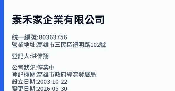 素禾家企業有限公司的照片-統編 80363756(高雄市) 公司登記資料與營業項目詳細圖表
