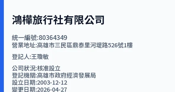 鴻樺旅行社有限公司的照片-統編 80364349(高雄市) 公司登記資料與營業項目詳細圖表