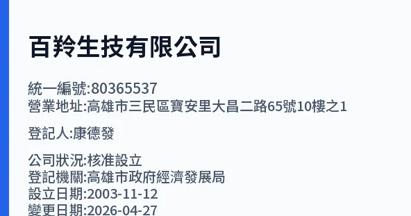 百羚生技有限公司的照片-統編 80365537(高雄市) 公司登記資料與營業項目詳細圖表