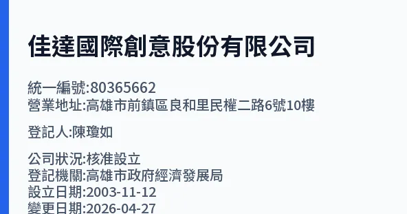 佳達國際創意股份有限公司的照片-統編 80365662(高雄市) 公司登記資料與營業項目詳細圖表