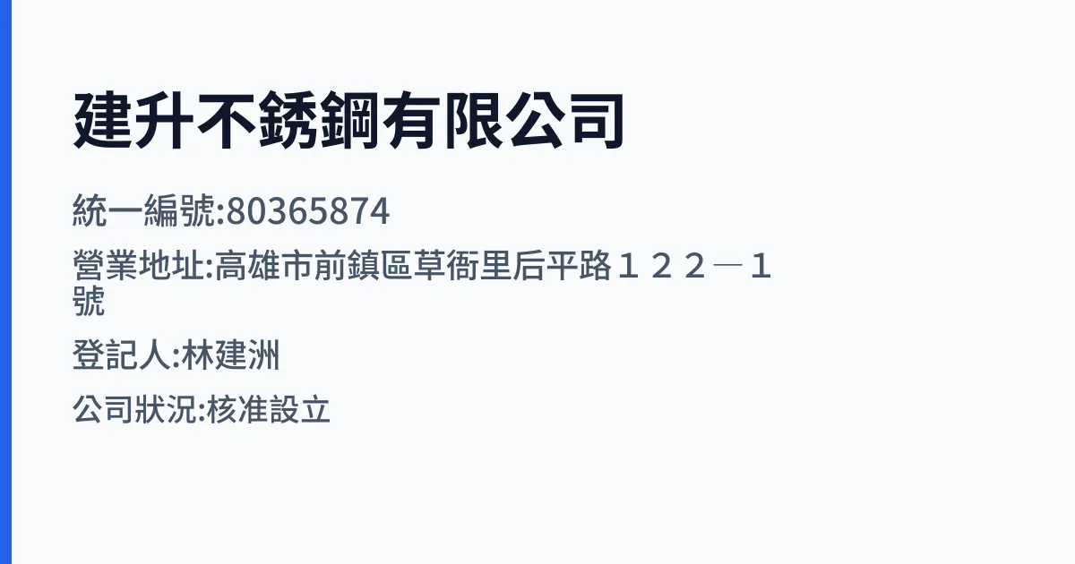 建升不銹鋼有限公司 - 統編 80365874(高雄市) 公司登記資料與營業項目詳細圖表
