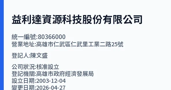 益利達資源科技股份有限公司的照片-統編 80366000(高雄市) 公司登記資料與營業項目詳細圖表