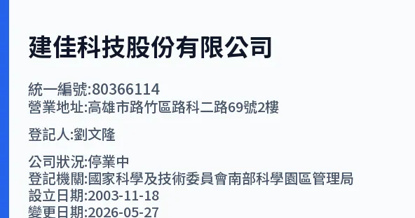 建佳科技股份有限公司的照片-統編 80366114(高雄市) 公司登記資料與營業項目詳細圖表