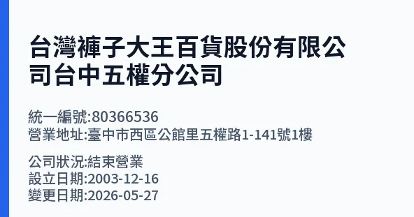 台灣褲子大王百貨股份有限公司台中五權分公司的照片-統編 80366536(臺中市) 公司登記資料與營業項目詳細圖表