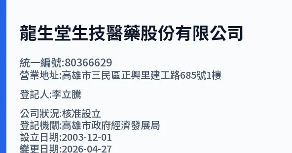 龍生堂生技醫藥股份有限公司的照片-統編 80366629(高雄市) 公司登記資料與營業項目詳細圖表