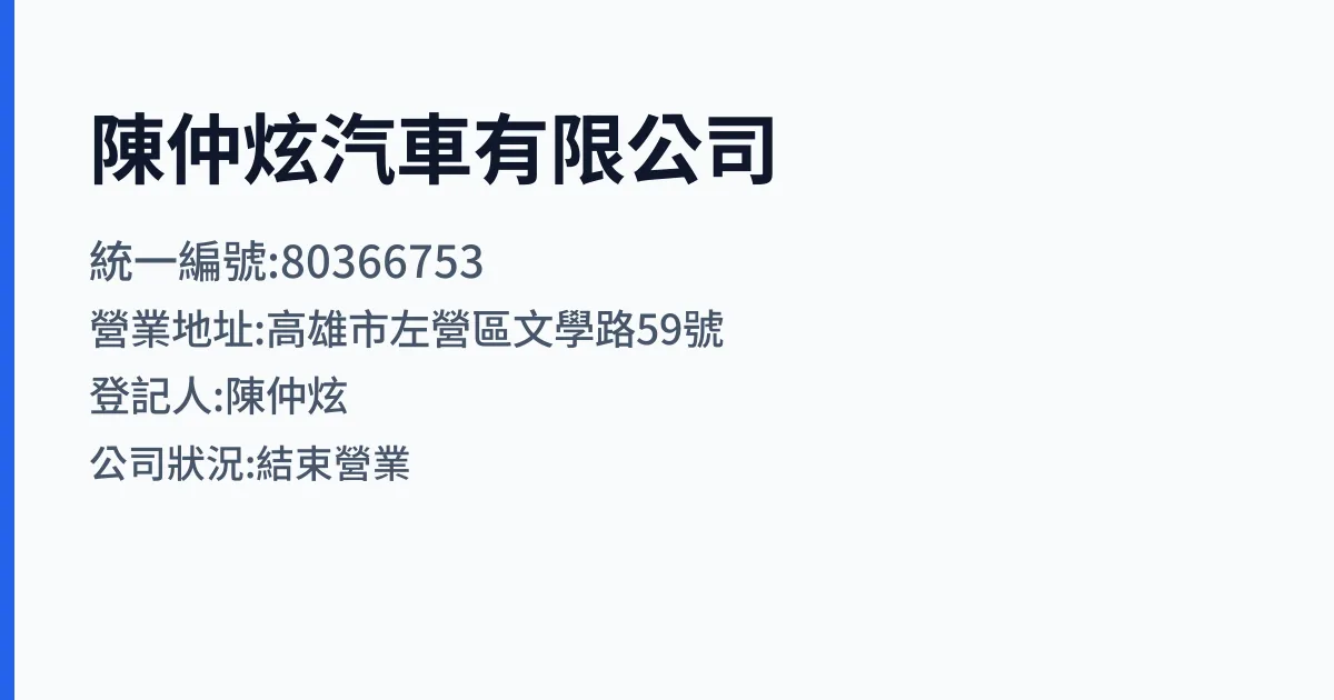 陳仲炫汽車有限公司 - 統編 80366753(高雄市) 公司登記資料與營業項目詳細圖表
