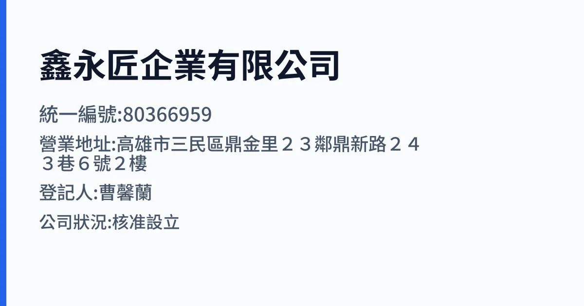鑫永匠企業有限公司 - 統編 80366959(高雄市) 公司登記資料與營業項目詳細圖表