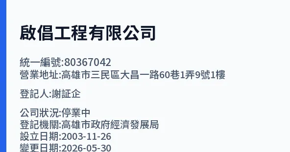 啟倡工程有限公司的照片-統編 80367042(高雄市) 公司登記資料與營業項目詳細圖表