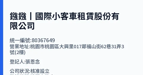鏹鏹丨國際小客車租賃股份有限公司的照片-統編 80367649(桃園市) 公司登記資料與營業項目詳細圖表