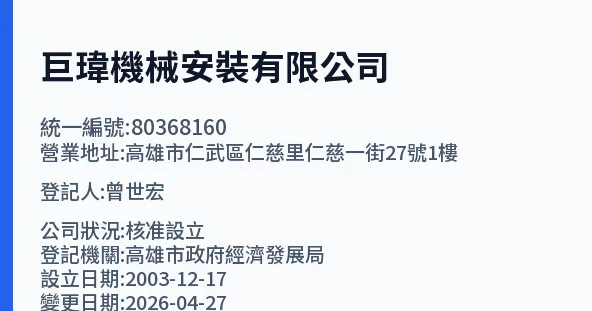巨瑋機械安裝有限公司的照片-統編 80368160(高雄市) 公司登記資料與營業項目詳細圖表