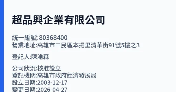 超品興企業有限公司的照片-統編 80368400(高雄市) 公司登記資料與營業項目詳細圖表