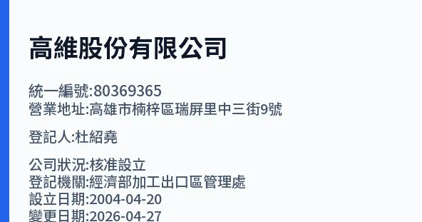 高維股份有限公司的照片-統編 80369365(高雄市) 公司登記資料與營業項目詳細圖表