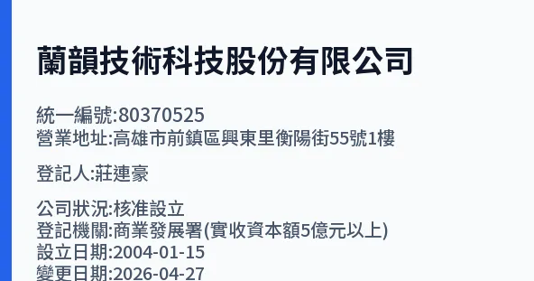 蘭韻技術科技股份有限公司的照片-統編 80370525(高雄市) 公司登記資料與營業項目詳細圖表