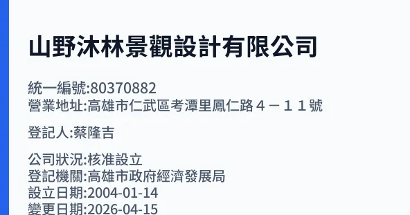 山野沐林景觀設計有限公司的照片-統編 80370882(高雄市) 公司登記資料與營業項目詳細圖表