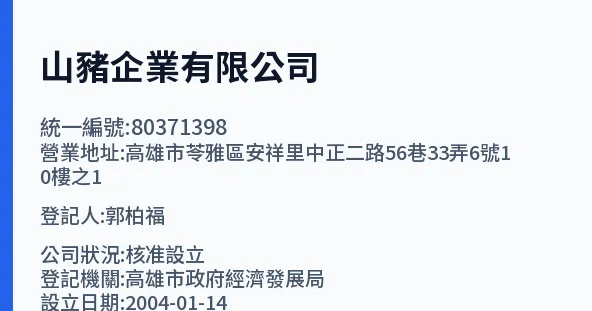 山豬企業有限公司的照片-統編 80371398(高雄市) 公司登記資料與營業項目詳細圖表