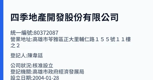 四季地產開發股份有限公司的照片-統編 80372087(高雄市) 公司登記資料與營業項目詳細圖表