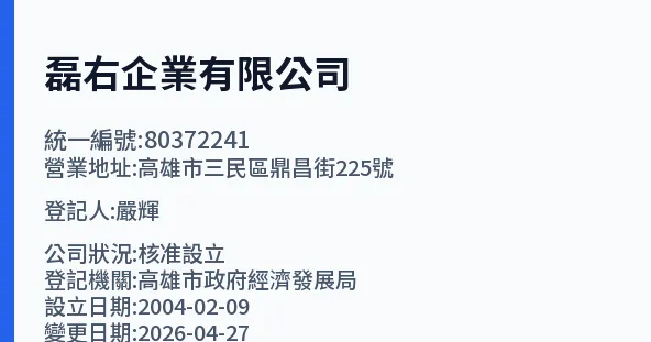 磊右企業有限公司的照片-統編 80372241(高雄市) 公司登記資料與營業項目詳細圖表