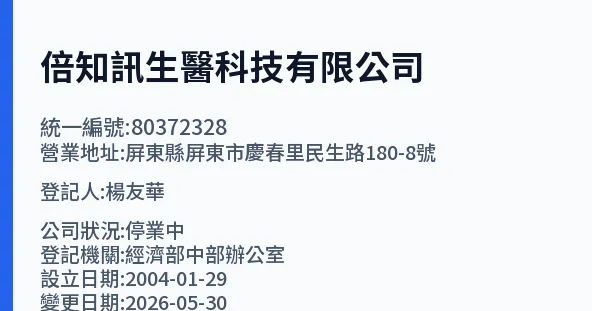 倍知訊生醫科技有限公司的照片-統編 80372328(屏東縣) 公司登記資料與營業項目詳細圖表