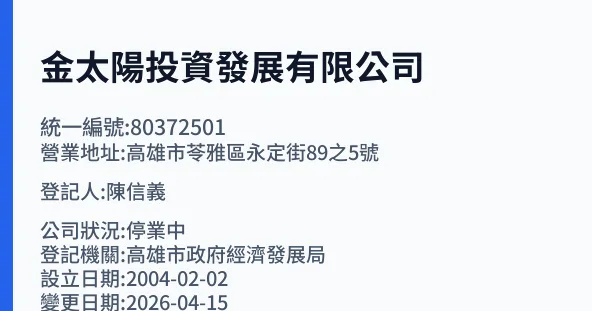 金太陽投資發展有限公司的照片-統編 80372501(高雄市) 公司登記資料與營業項目詳細圖表
