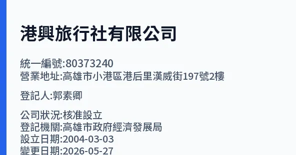 港興旅行社有限公司的照片-統編 80373240(高雄市) 公司登記資料與營業項目詳細圖表