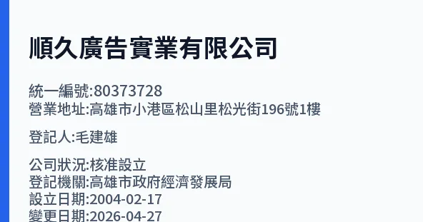 順久廣告實業有限公司的照片-統編 80373728(高雄市) 公司登記資料與營業項目詳細圖表