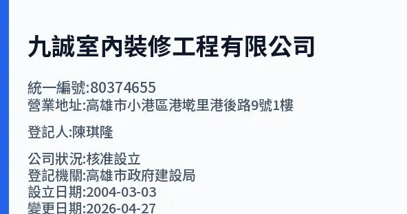 九誠室內裝修工程有限公司的照片-統編 80374655(高雄市) 公司登記資料與營業項目詳細圖表