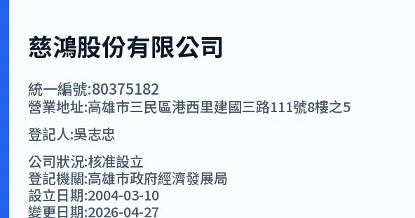 慈鴻股份有限公司的照片-統編 80375182(高雄市) 公司登記資料與營業項目詳細圖表