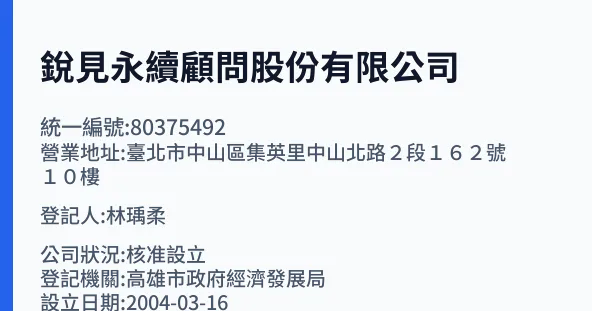 銳見永續顧問股份有限公司的照片-統編 80375492(高雄市) 公司登記資料與營業項目詳細圖表
