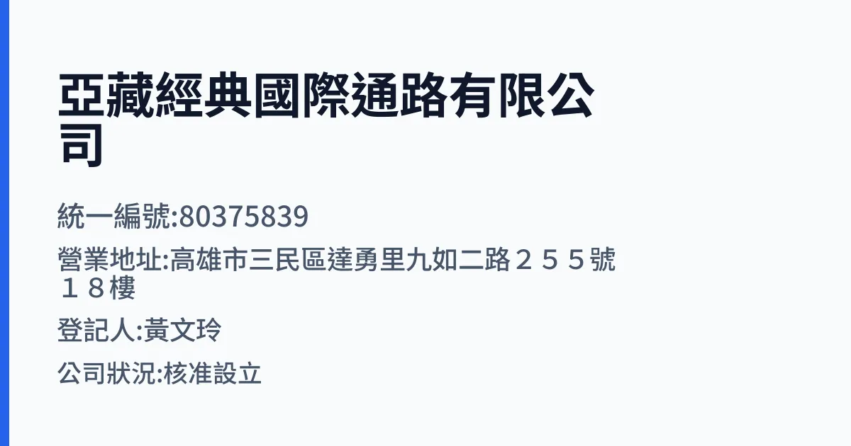 亞藏經典國際通路有限公司 - 統編 80375839(高雄市) 公司登記資料與營業項目詳細圖表