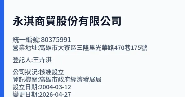 永淇商貿股份有限公司的照片-統編 80375991(高雄市) 公司登記資料與營業項目詳細圖表