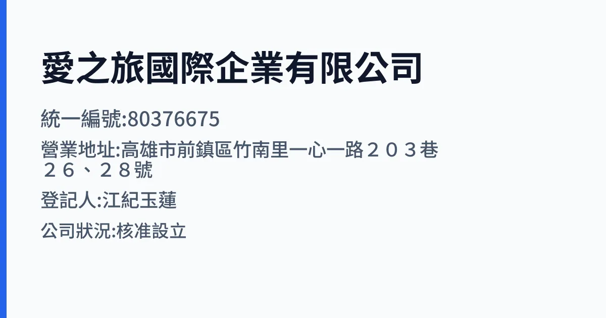 愛之旅國際企業有限公司 - 統編 80376675(高雄市) 公司登記資料與營業項目詳細圖表