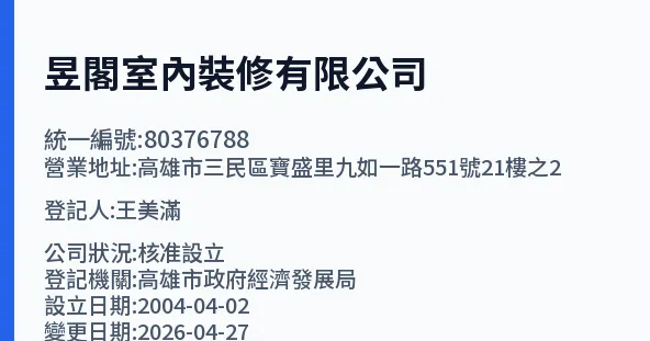 昱閣室內裝修有限公司的照片-統編 80376788(高雄市) 公司登記資料與營業項目詳細圖表