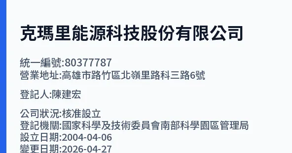 克瑪里能源科技股份有限公司的照片-統編 80377787(高雄市) 公司登記資料與營業項目詳細圖表