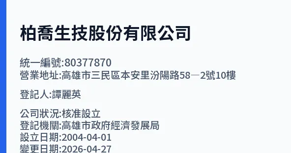 柏喬生技股份有限公司的照片-統編 80377870(高雄市) 公司登記資料與營業項目詳細圖表