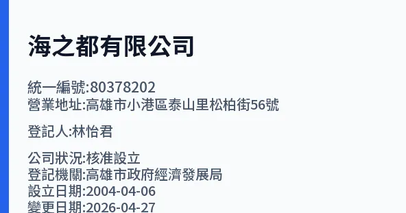海之都有限公司的照片-統編 80378202(高雄市) 公司登記資料與營業項目詳細圖表