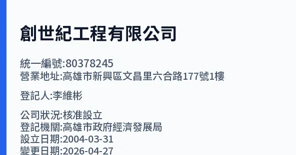 創世紀工程有限公司的照片-統編 80378245(高雄市) 公司登記資料與營業項目詳細圖表